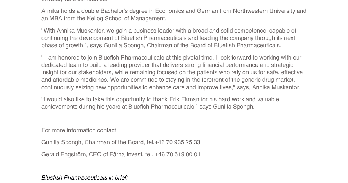 New CEO Bluefish Pharmaceuticals - Bluefish Pharmaceuticals AB